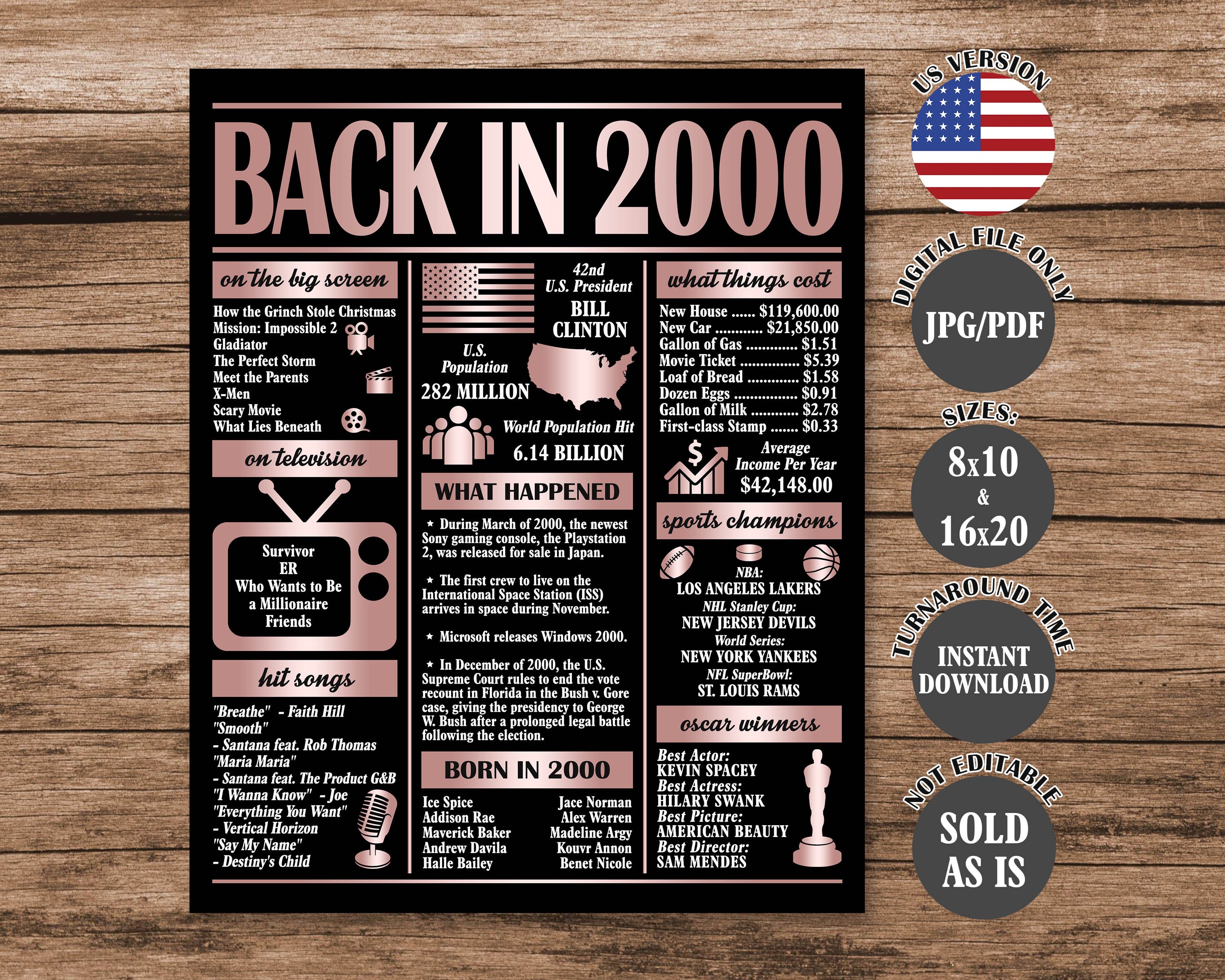 Rose Gold Back in 2000 Printable Poster, 24th Birthday, Anniversary or ...