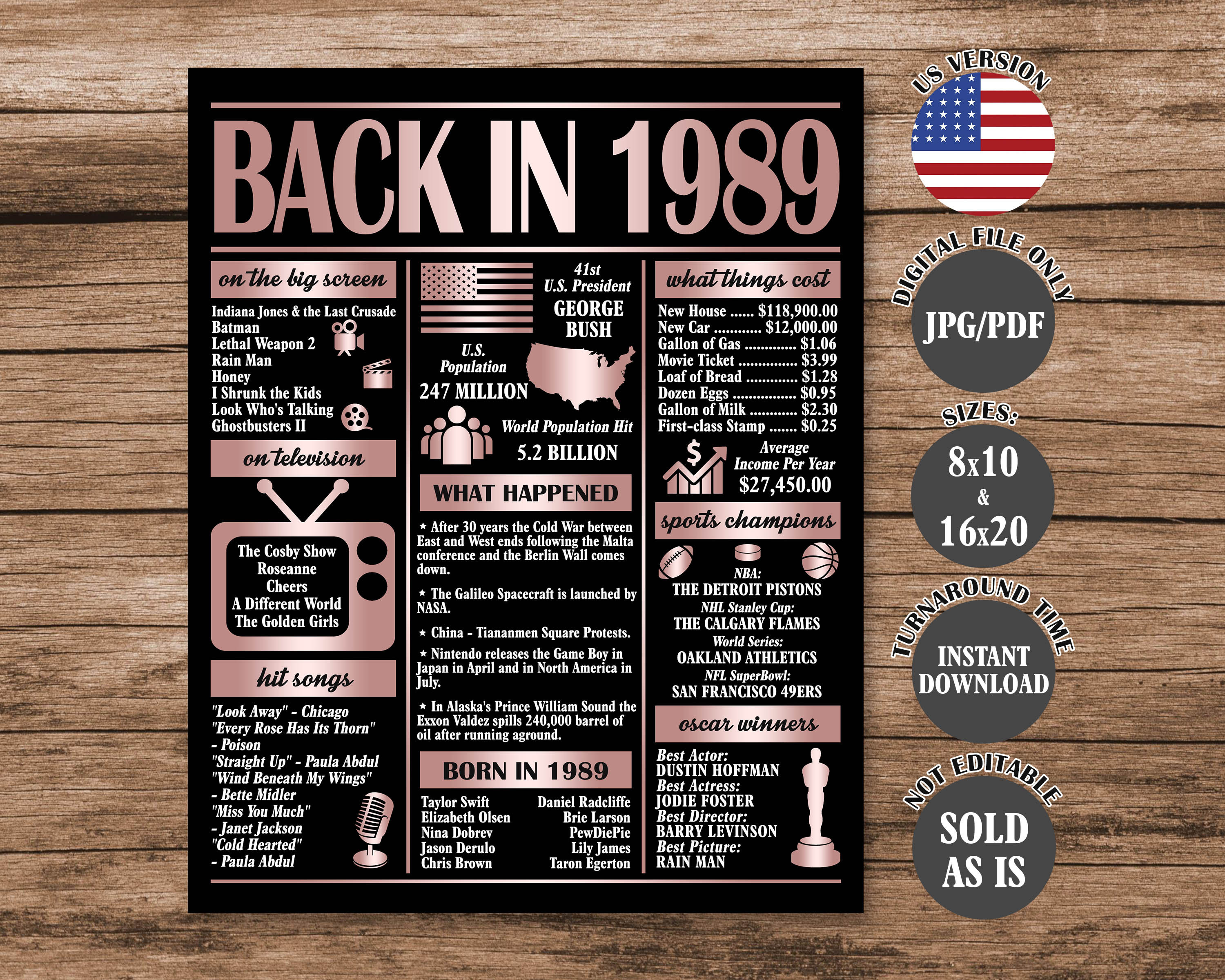 Rose Gold Back in 1989 Printable Poster, 35th Birthday, Anniversary or ...