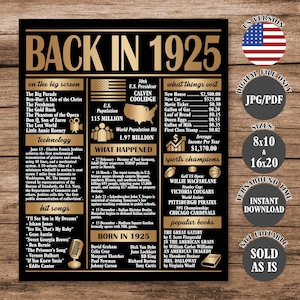 100th Birthday/anniversary Poster: Gold Back in 1925 Sign (digital ...
