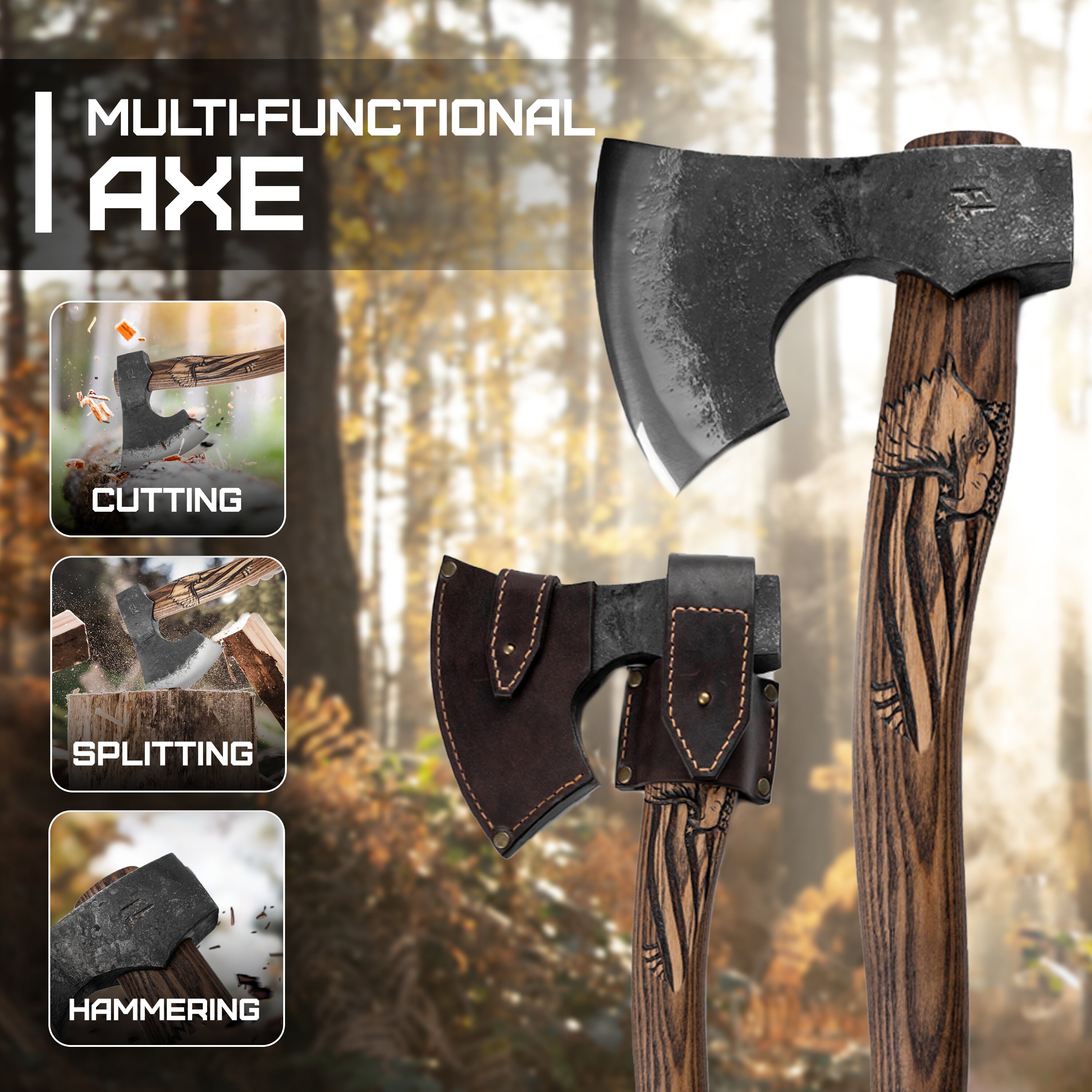 Balto Slavic Axe With Carved Handle and Leather Case, Camping Hatchet ...