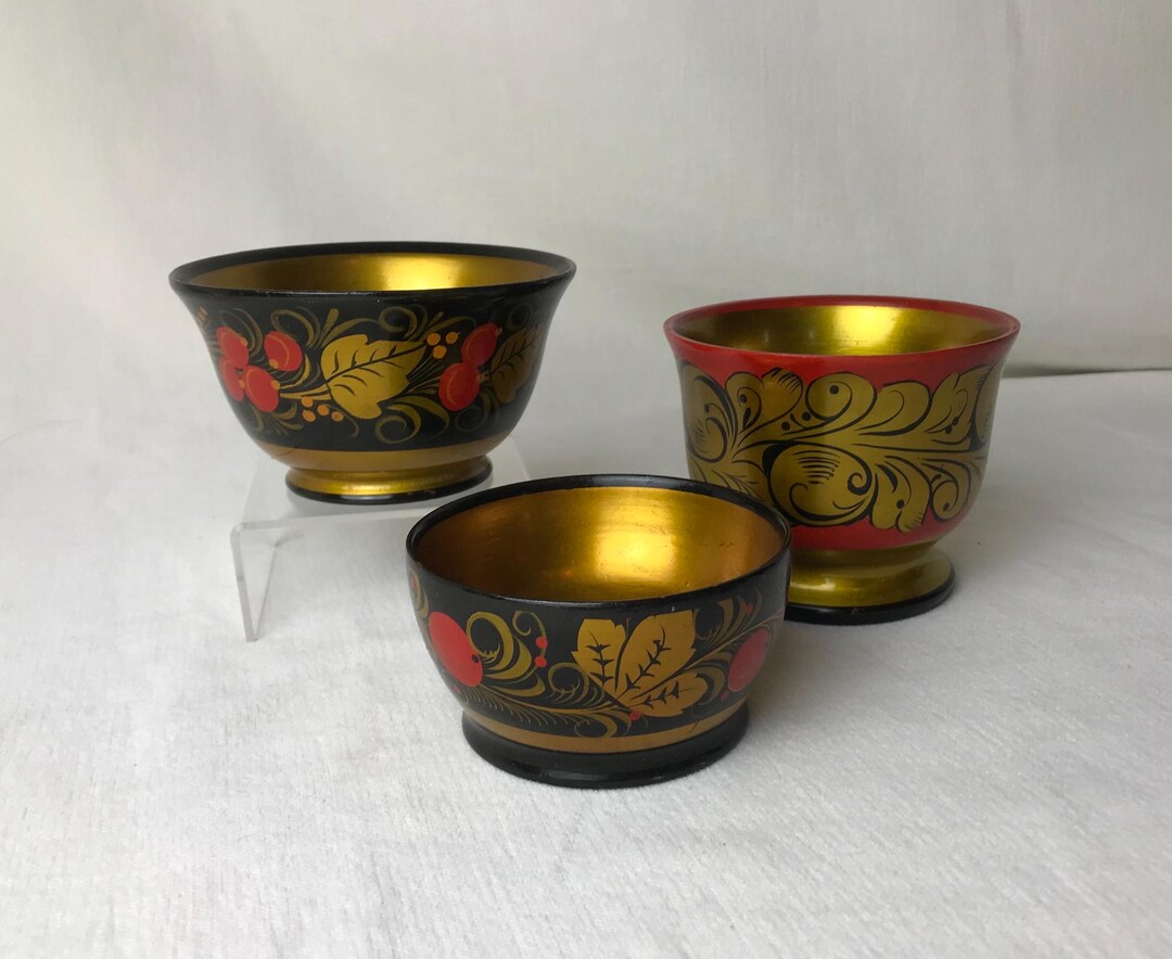 Set of 3 Khokhloma Wooden Bowls. Decorative Hand-painted Russian Folk ...