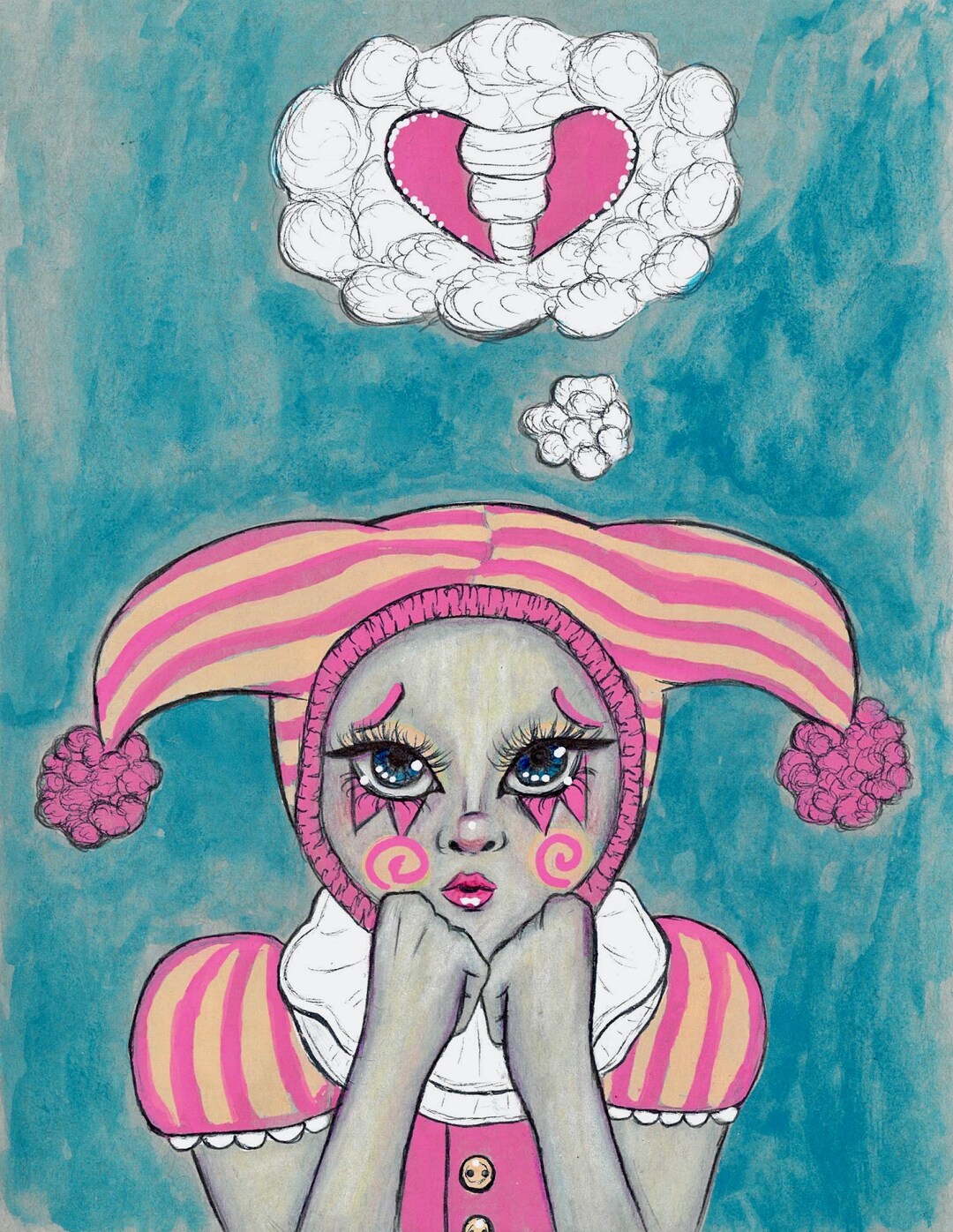 Circus Clown Heart Broken Art Print - Whimsical Jester Illustration ...