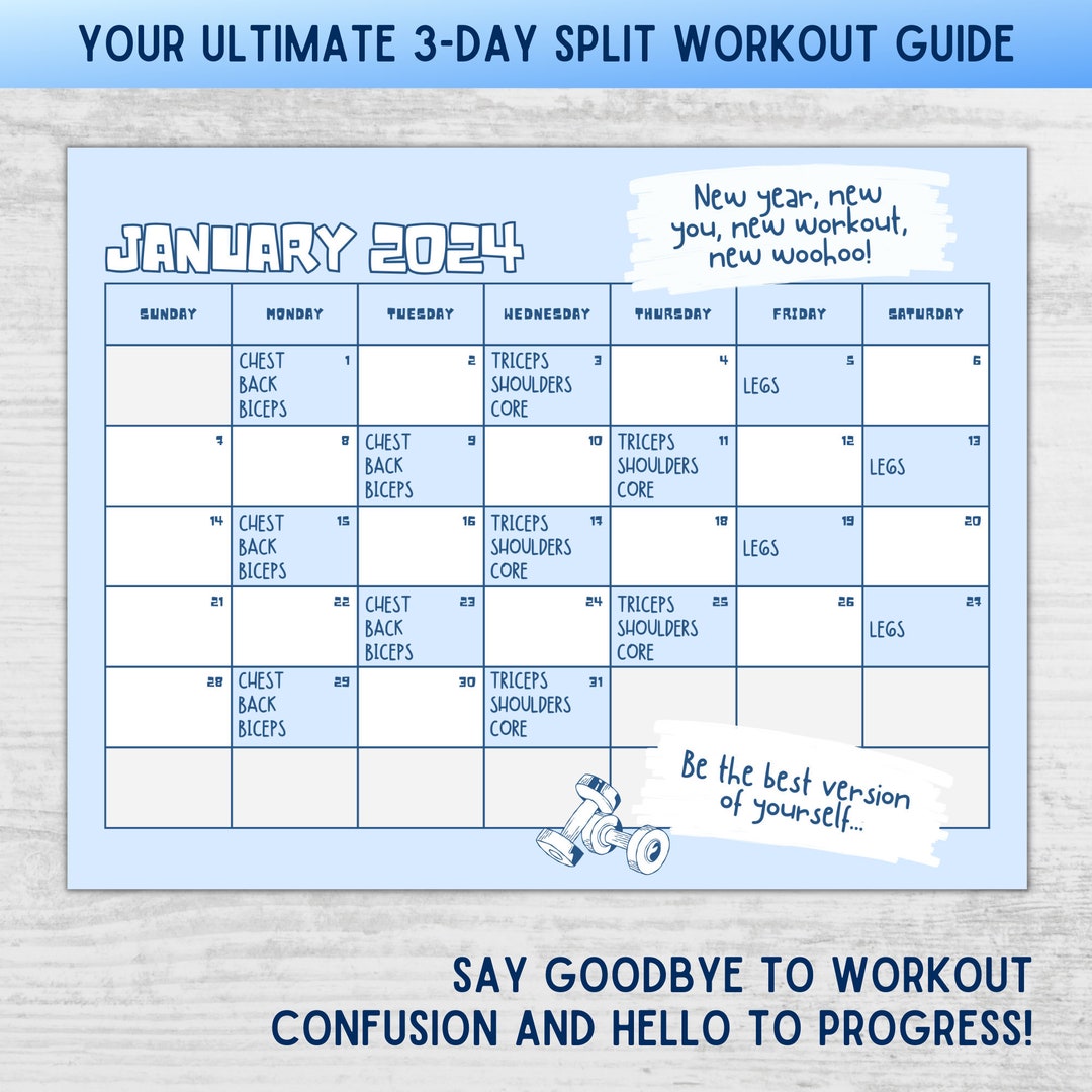 2024 3-day Split Workout Calendar 12-month Workout Planner Printable ...