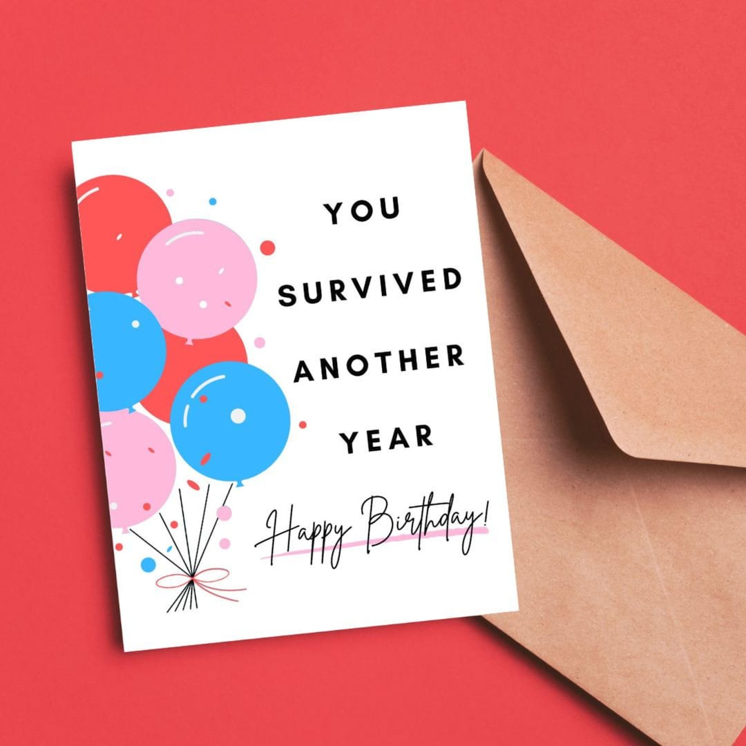 Funny Birthday Card, You Survived Another Year Greeting, Humorous ...