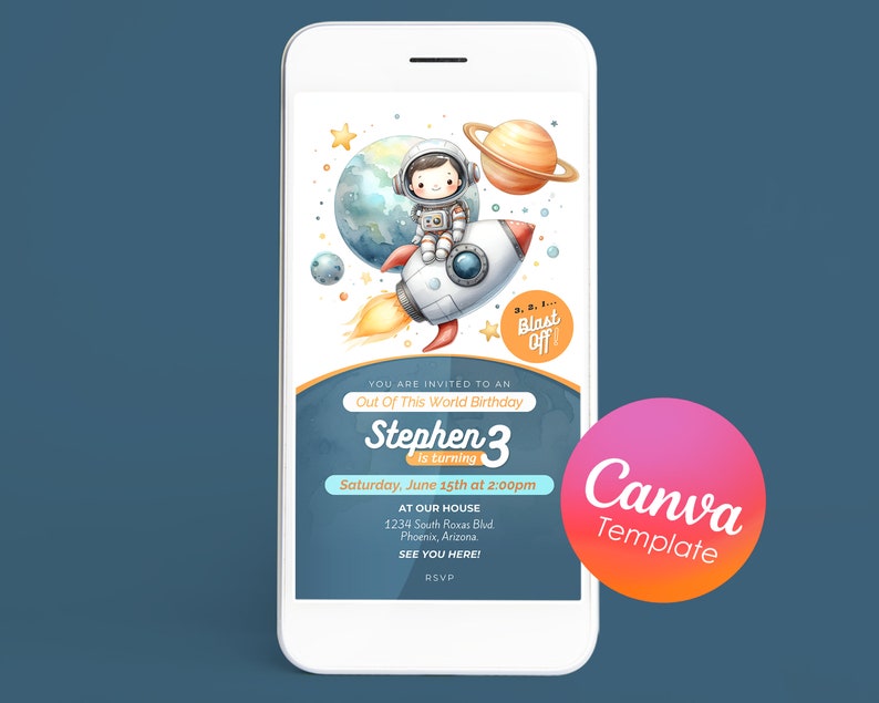 Digital Outer Space Invitation Planets Rocket Ship Astronaut Digital ...
