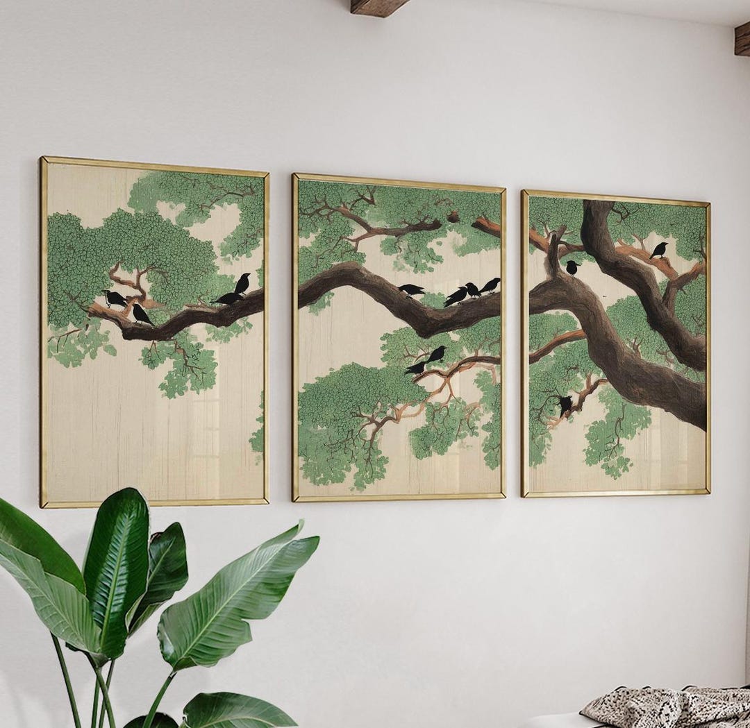Japanese Bird Tree Poster Set | Traditional Nature Wall Art Triptych ...
