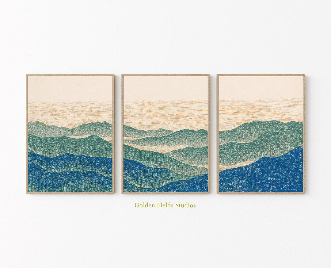 Blue Green Mountain Posters Set of 3 | Abstract Landscape Wall Art - Etsy