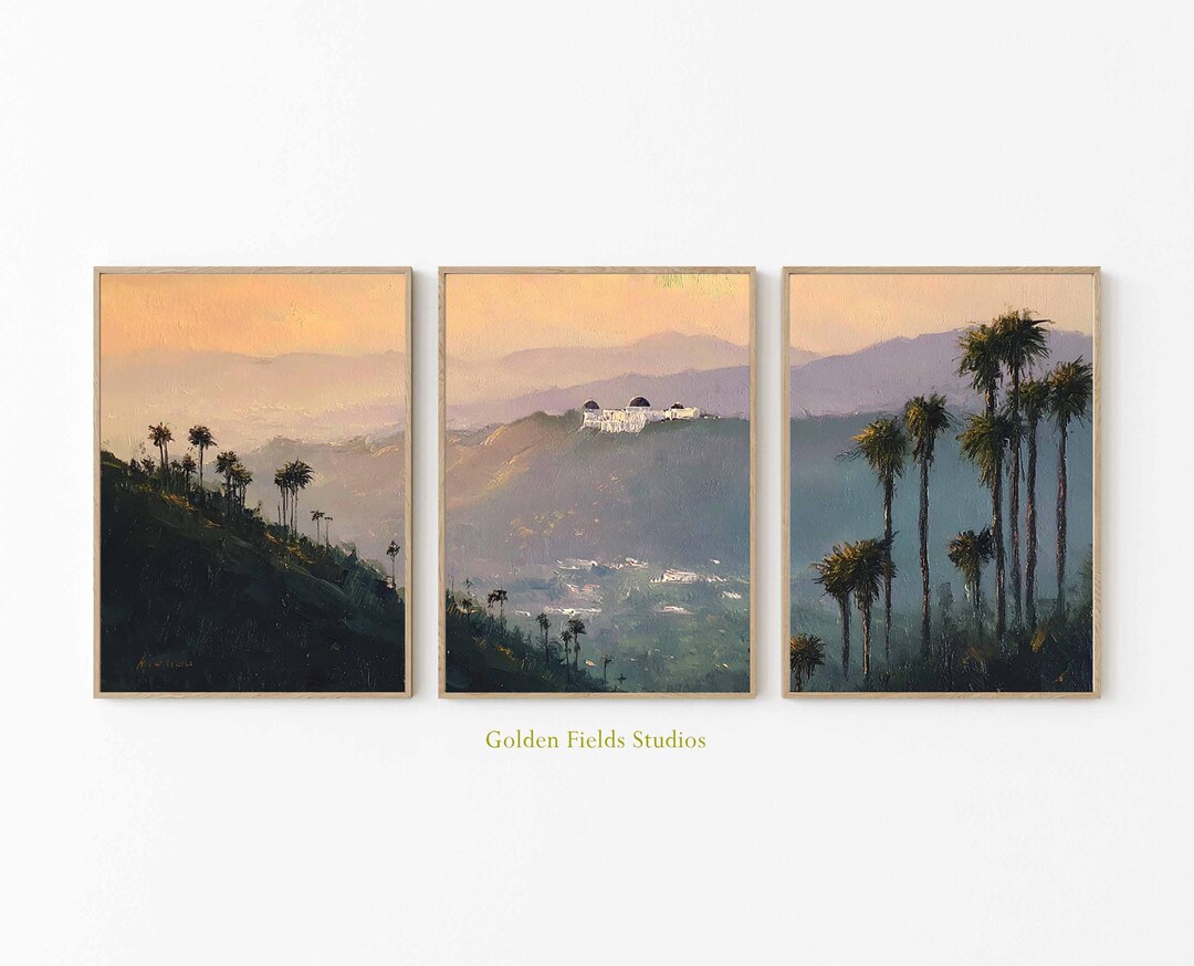 Griffith Observatory Poster Set: California Sunset Palm Tree Triptych ...
