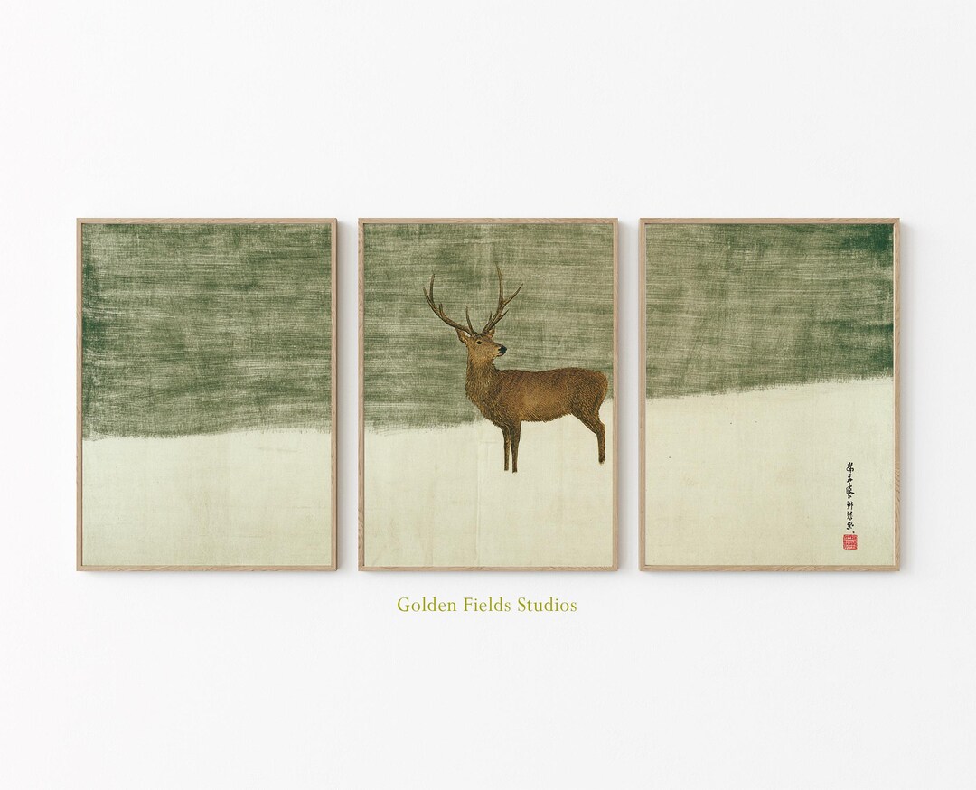 Green Cream Stag Posters Set of 3 | Minimal Wildlife Wall Art - Etsy