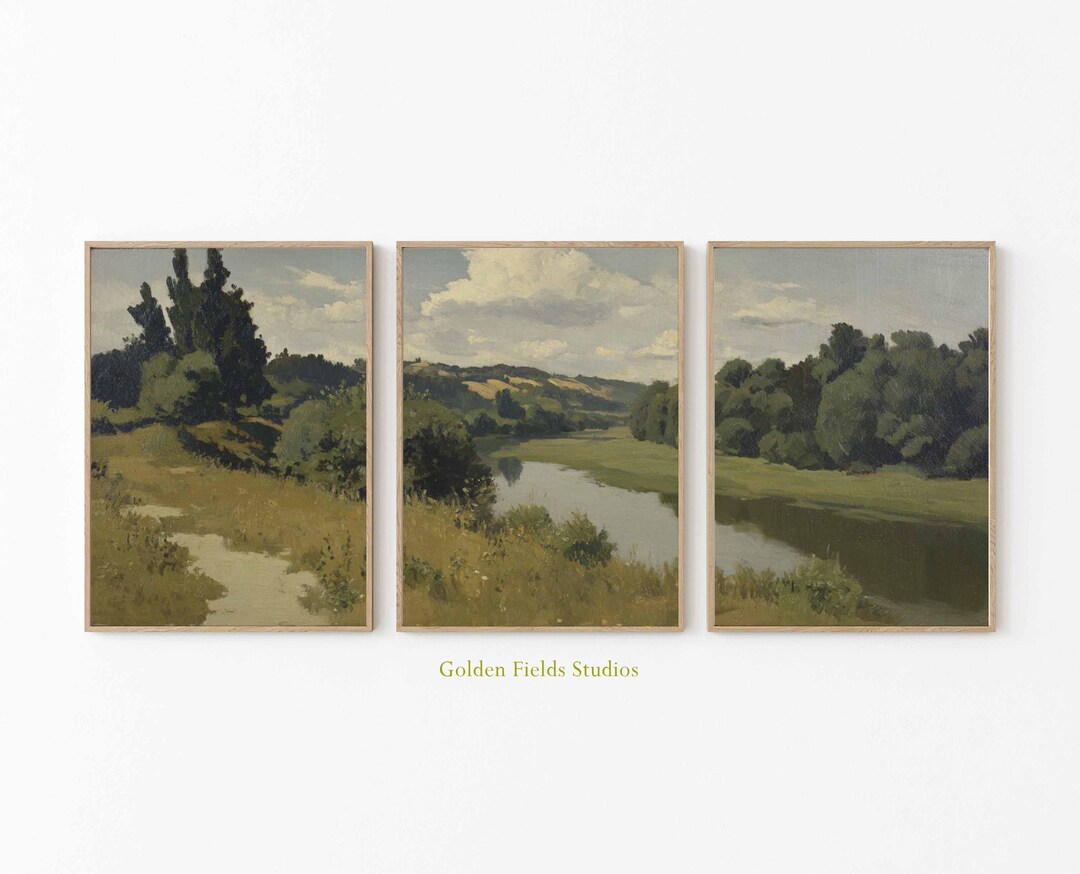 Countryside River Prints Set: Earth Tone Landscape Triptych - Etsy
