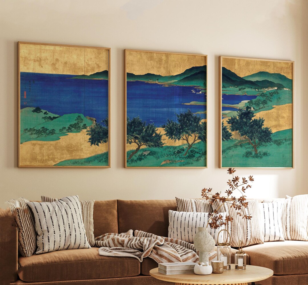 Landscape Triptych Poster Set of 3 | Coastal Wall Art | Blue Gold - Etsy