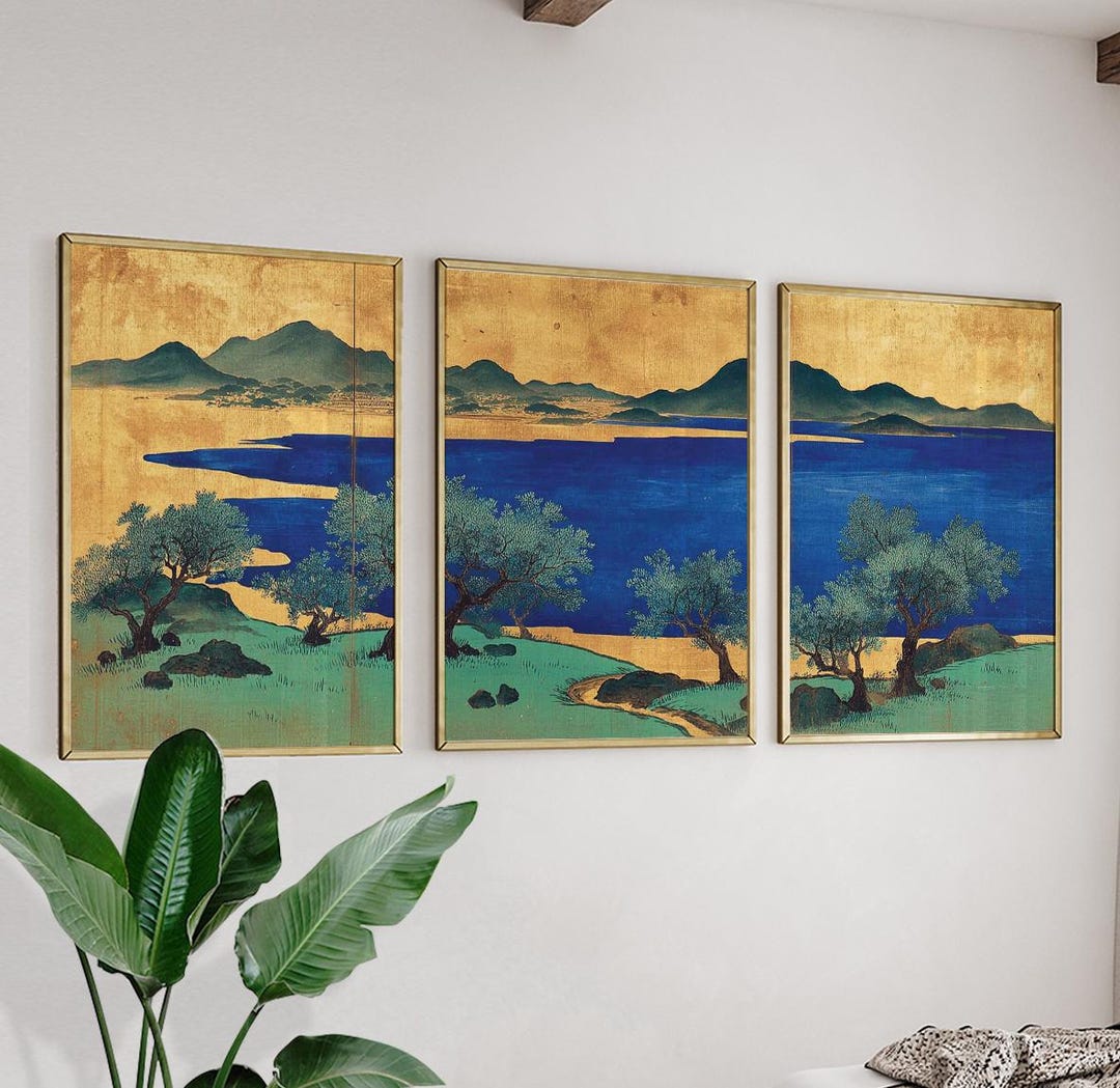 Landscape Triptych Poster Set of 3 | Coastal Wall Art | Blue Gold - Etsy