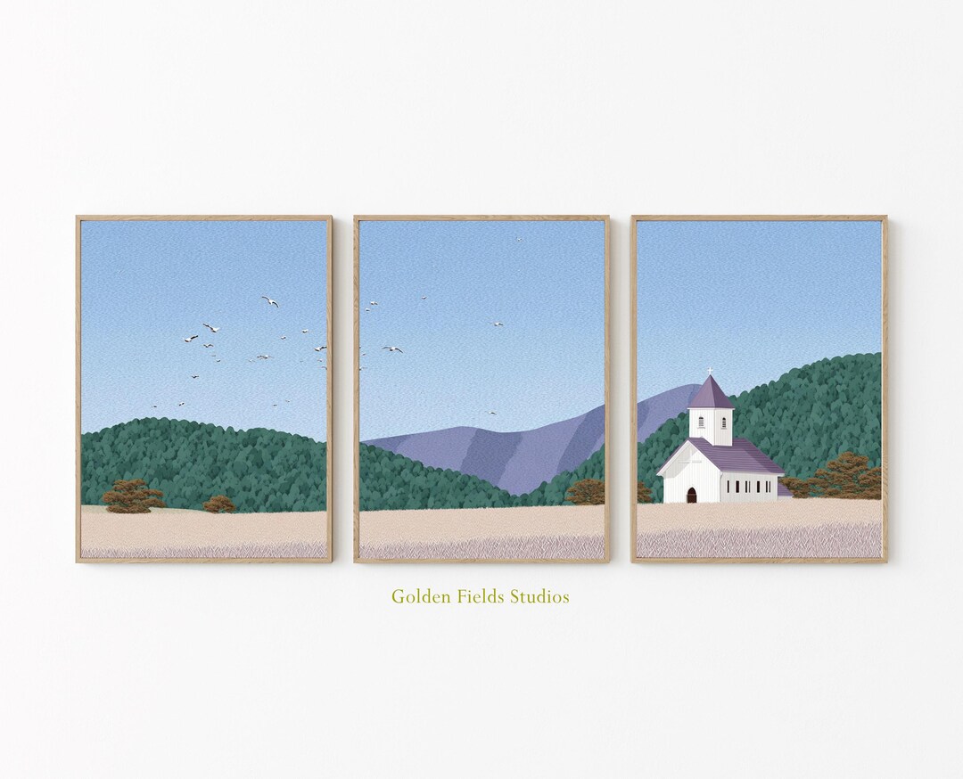 Bavarian Church Meadow Poster Set of 3 | Minimal Landscape Wall Art ...