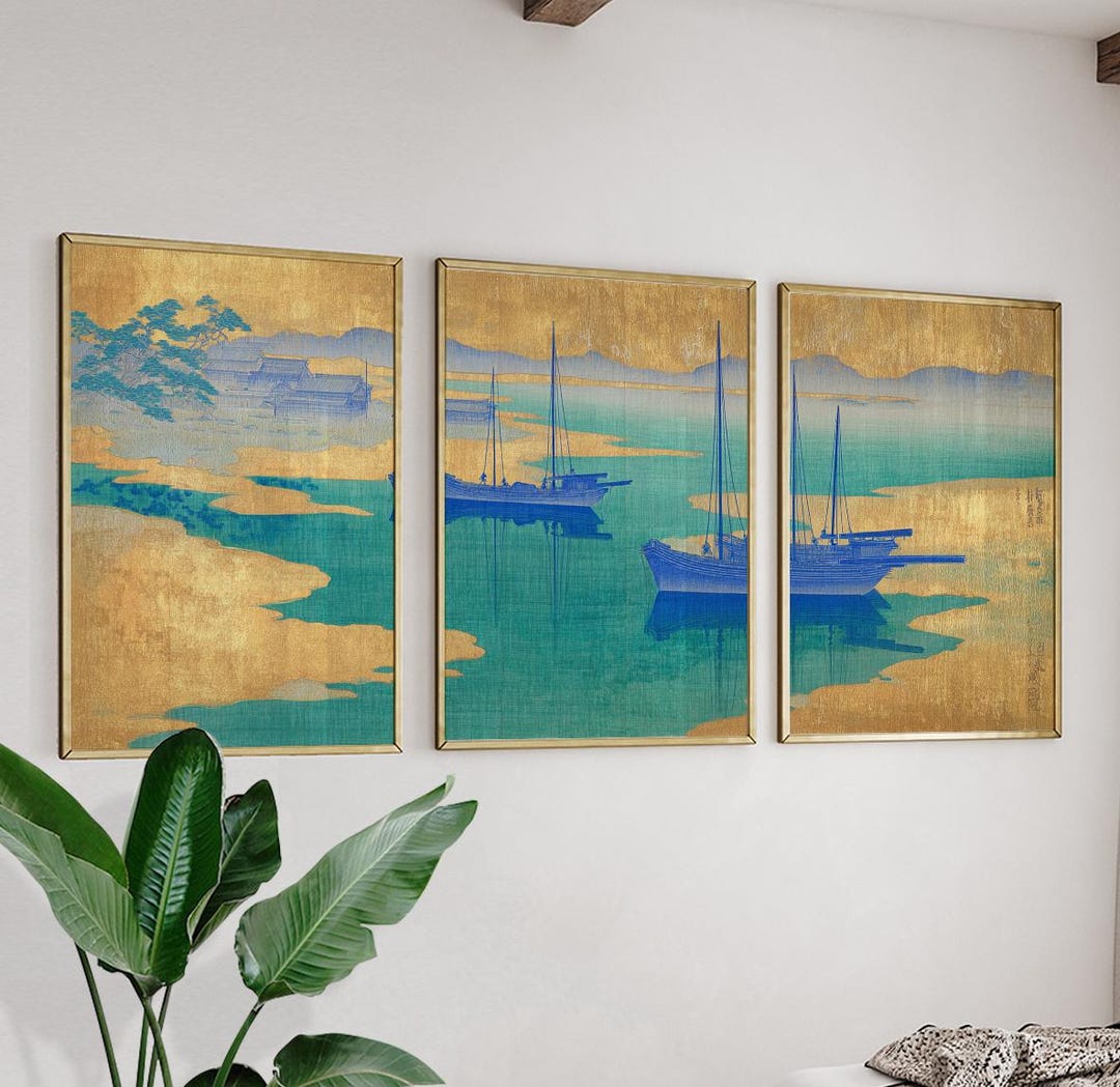 Gold Teal Sailboat Harbor Posters Set of 3 | Coastal Boat Landscape ...