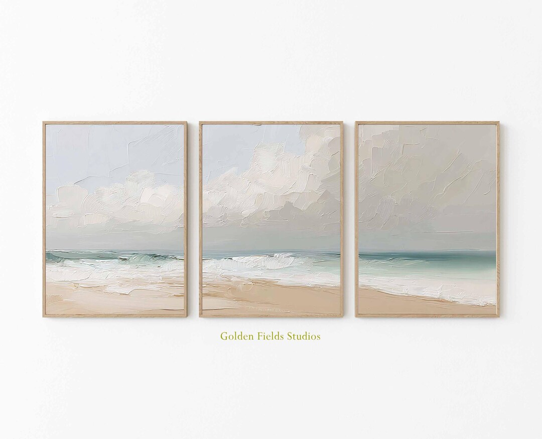Coastal Beach Triptych Art Print Set: Neutral Seascape Painting Style ...