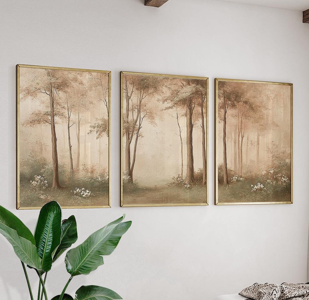 Muted Earth Tone Forest Landscape | Set of 3 Posters | Beige Woodland ...