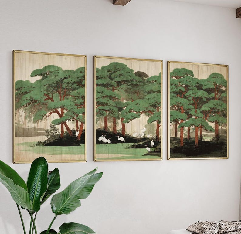 Japanese Bird Tree Poster Set | Traditional Nature Wall Art Triptych ...