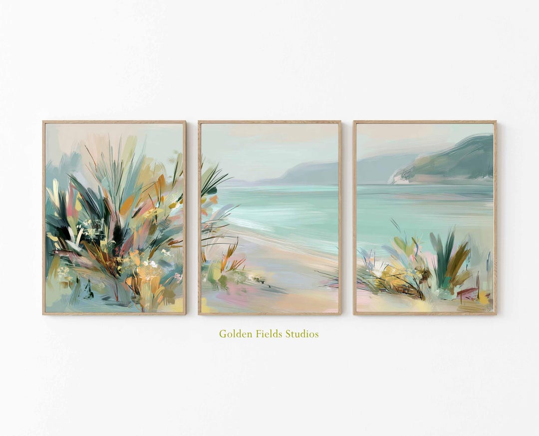 Abstract Coastal Triptych: Pastel Beach Landscape Art Set - Etsy