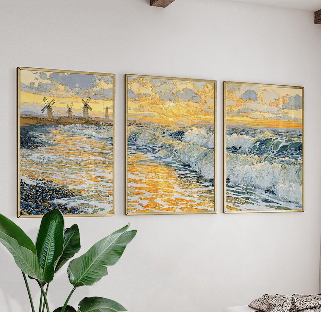 Coastal Waves Sunset Poster Set of 3 | Vintage Seascape Wall Art ...