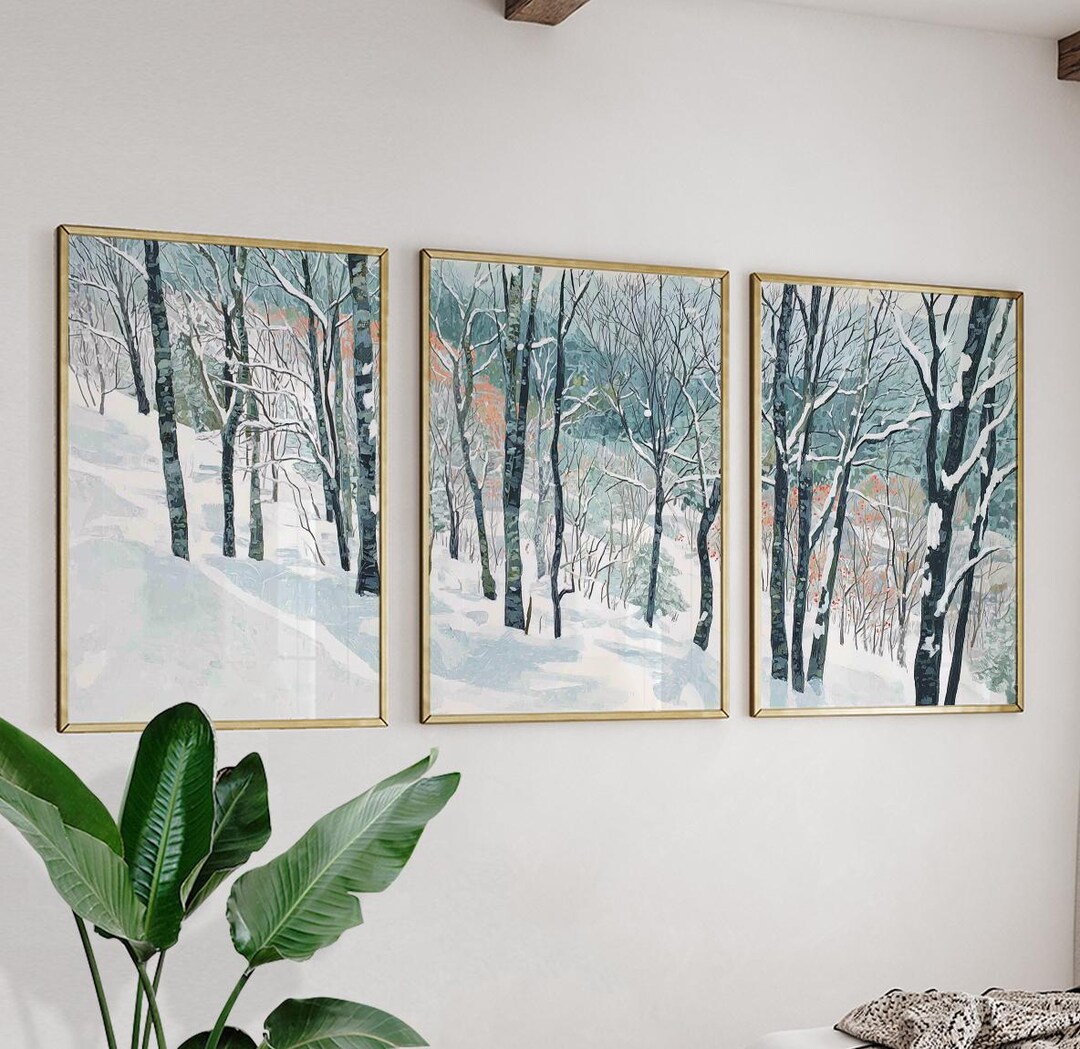 Set of 3 Posters | Winter Forest Wall Art | Snowy Woodland Landscape ...