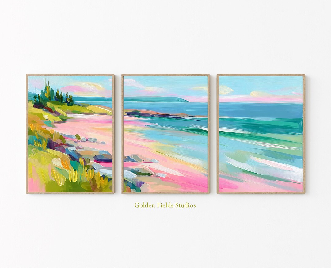 Beach Landscape Poster Set | Abstract Coastal Wall Art | Pink Blue ...