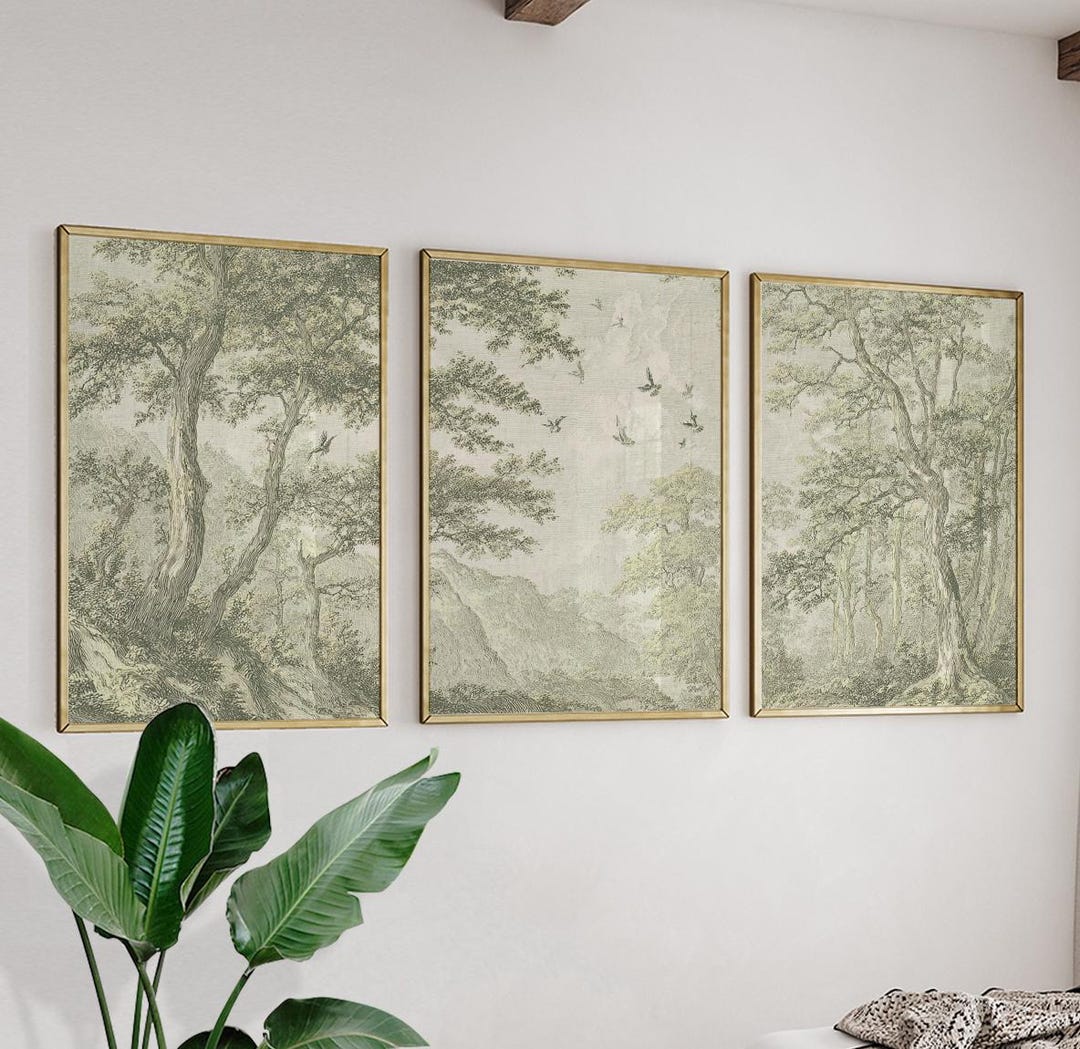 Vintage Botanical Forest Tree Posters | Green Nature Landscape Wall Art ...