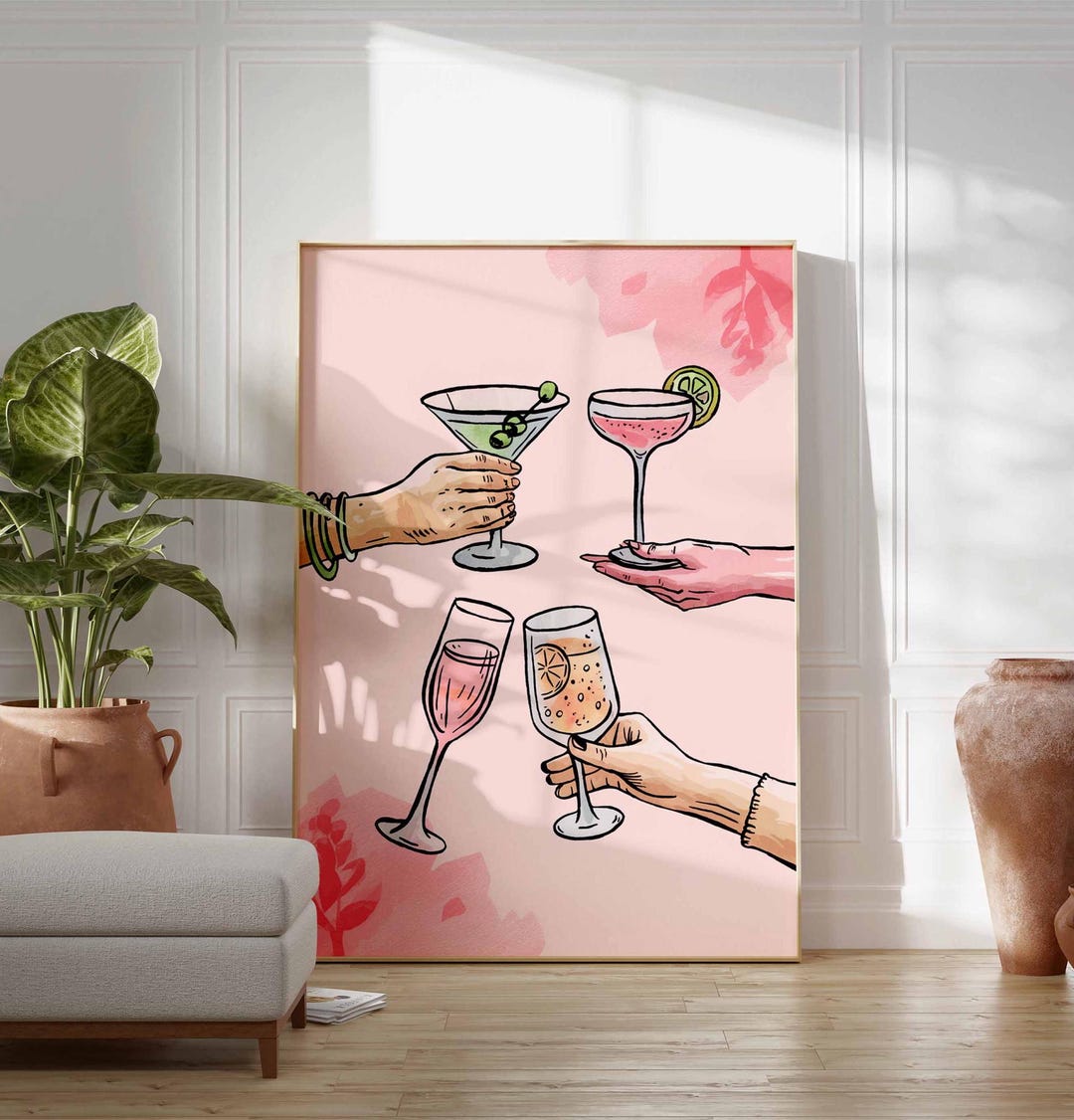 Cheers Cocktail Art Print, Hand-drawn Drink Illustration Poster ...