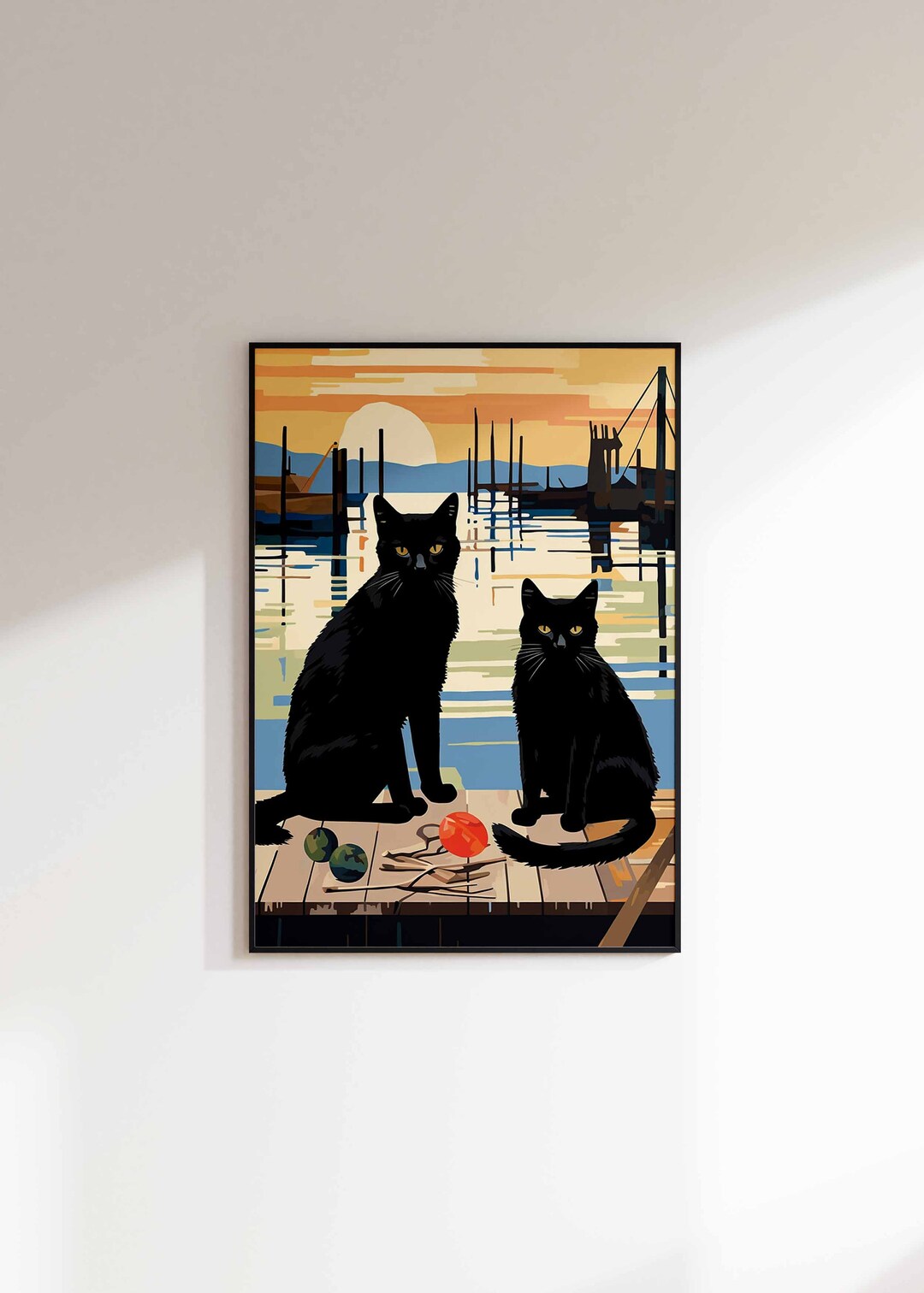 Seaside Cats Poster, Sunset and Boat Background, Coastal Cat Art ...