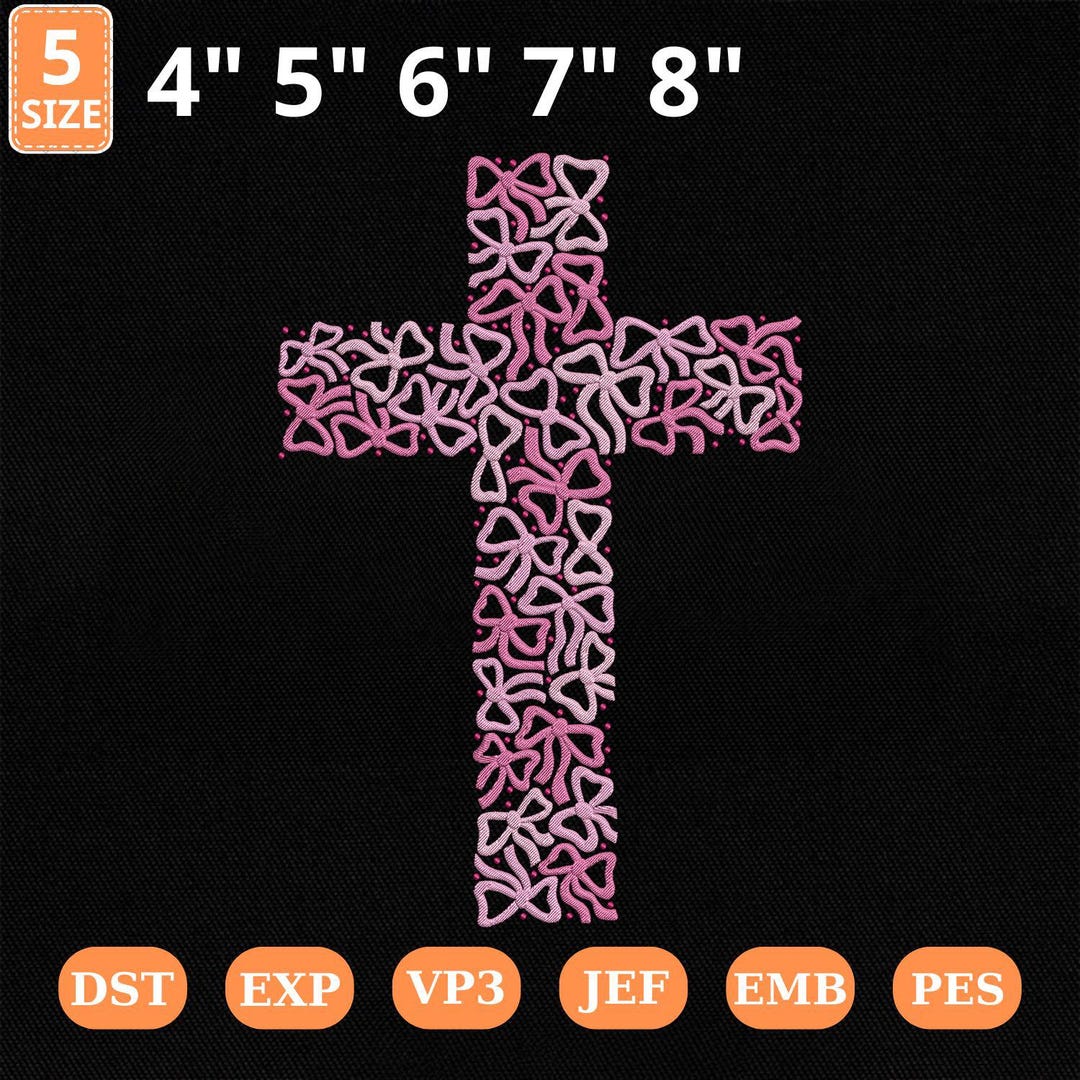 Bow Cross Machine Embroidery File, Preppy Pink Bow Christian Cross ...