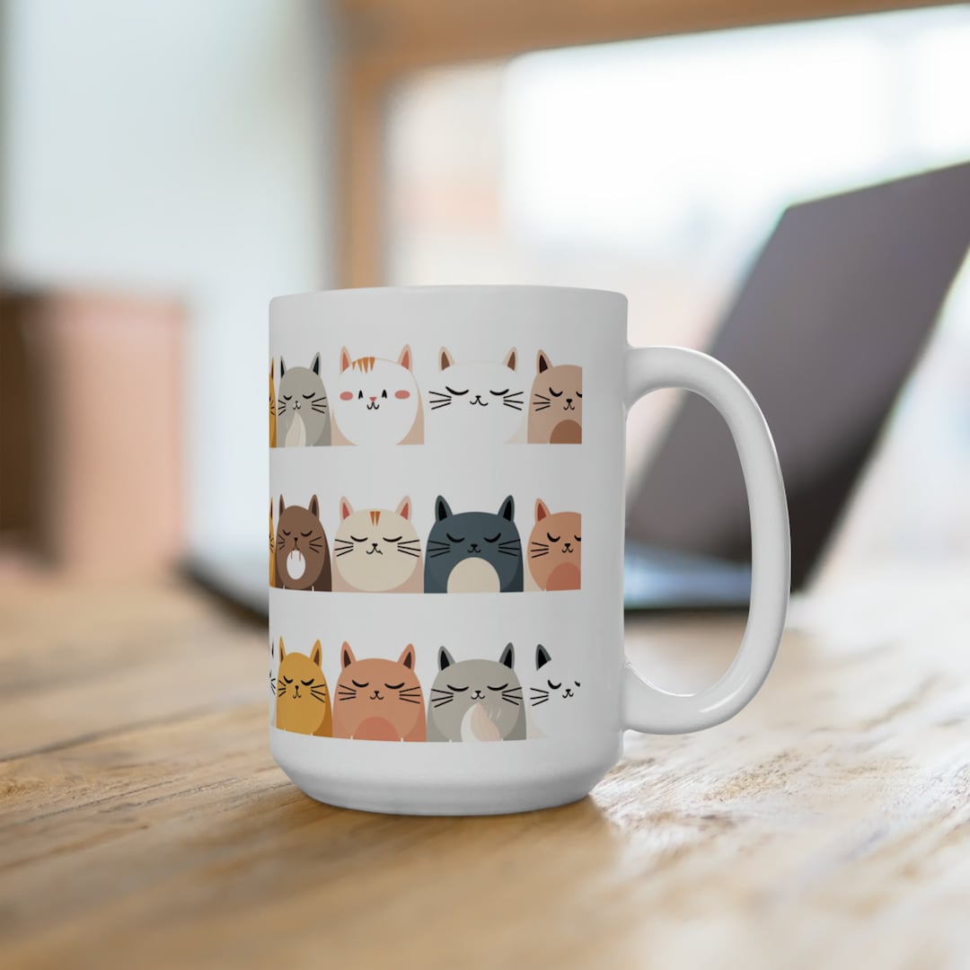 Smug Cartoon Cats Mug 15 Oz White Ceramic Cup Whimsical Feline Pattern ...