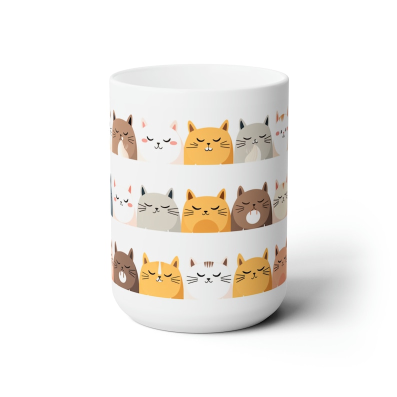 Smug Cartoon Cats Mug 15 Oz White Ceramic Cup Whimsical Feline Pattern ...