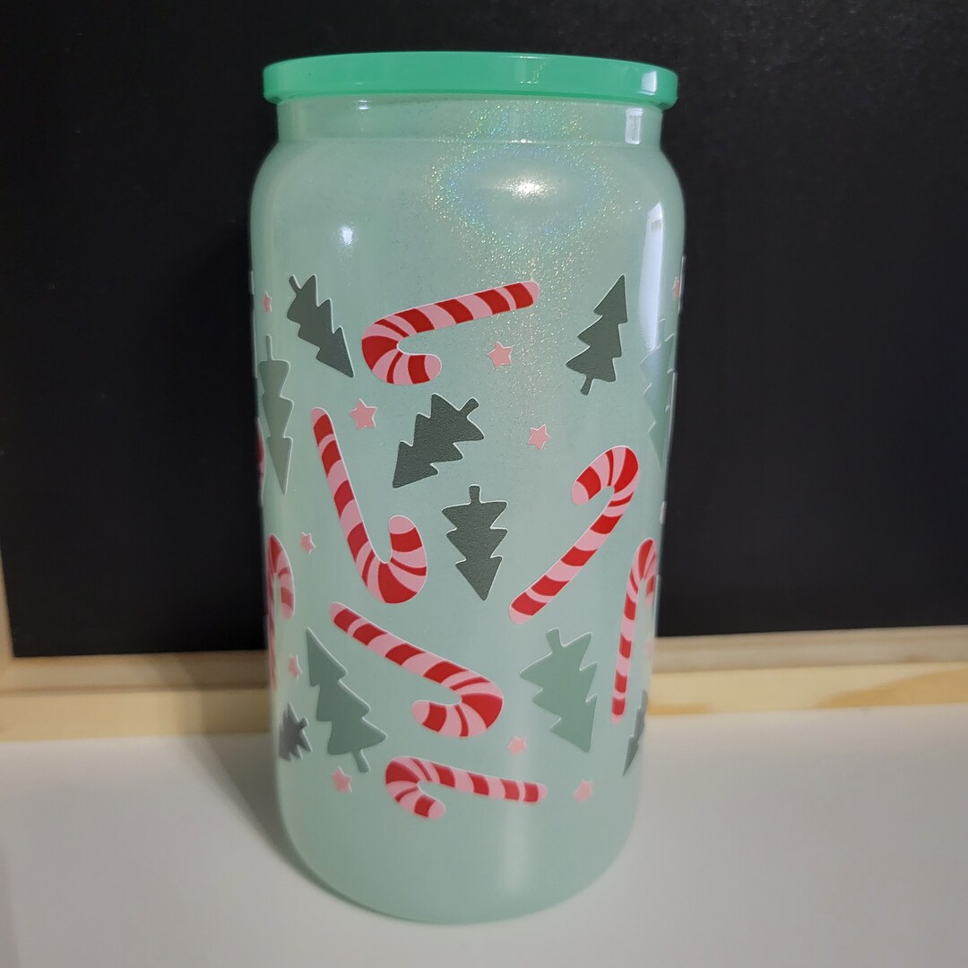 Christmas Tree & Candy Cane Holographic Mint Shimmer Libbey Glass Can ...