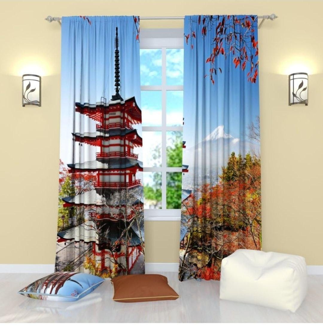 Oriental Window Curtains Chinese Curtains With Majestic Pagoda and ...