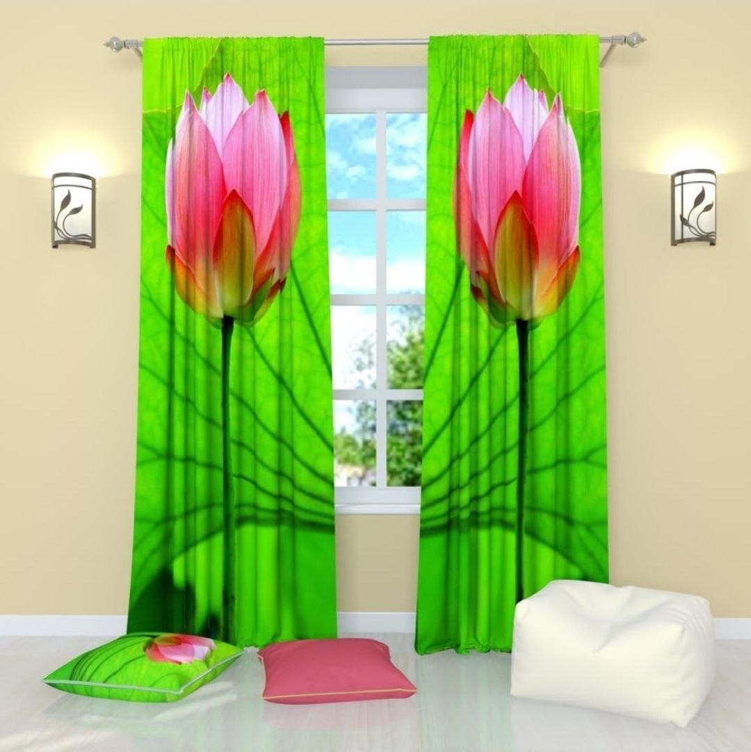 Pink Floral Curtains Lotus Flower Two Window Panel - Etsy