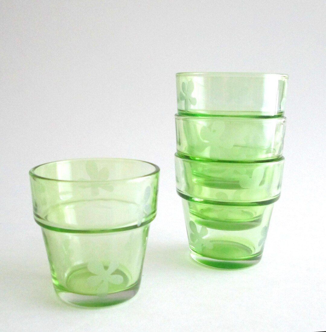 Mid Century Floral Etched Mini Green Glasses | Set of 4 Vintage ...