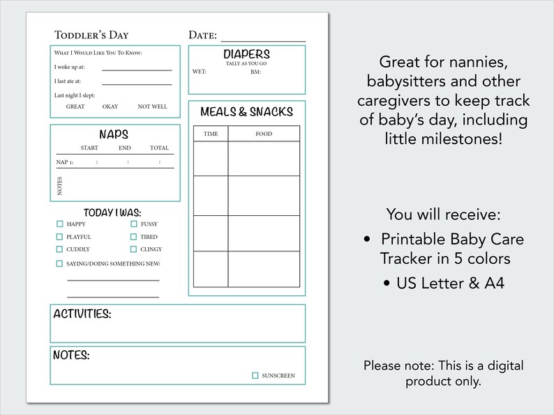 Daily Toddler Tracker, Nanny Log, Babysitter Log, Baby Care Tracker ...