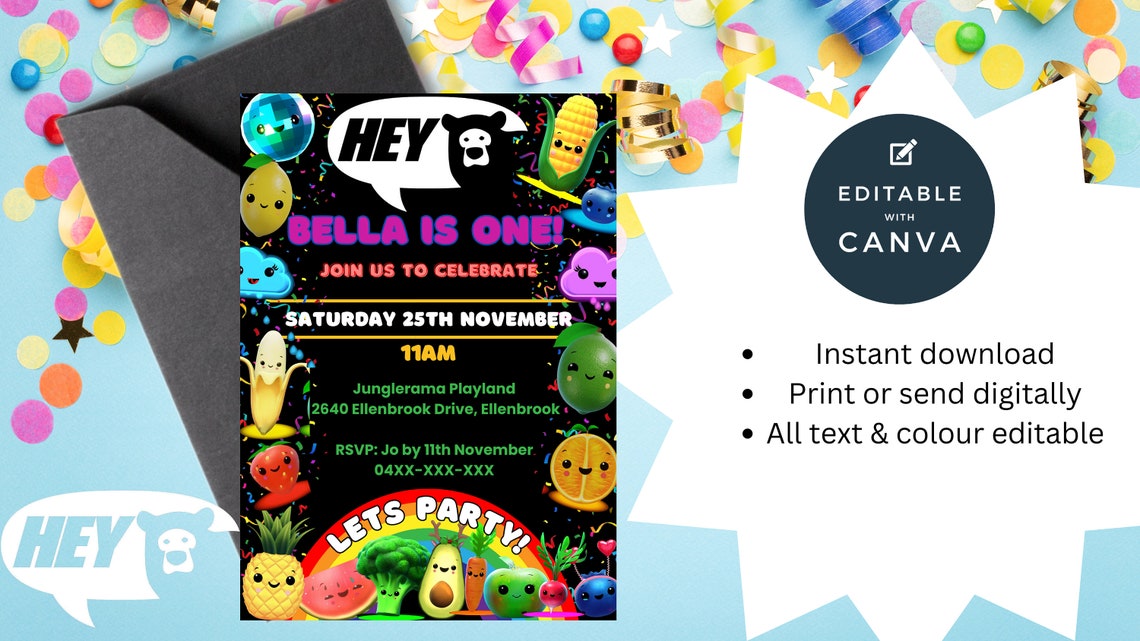 Hey Bear Sensory Birthday Invitation, Hey Bear Birthday, Dancing Fruit ...