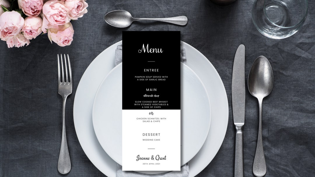 Black and White Wedding Menu Template, EDITABLE Wedding Menu, Minimal ...