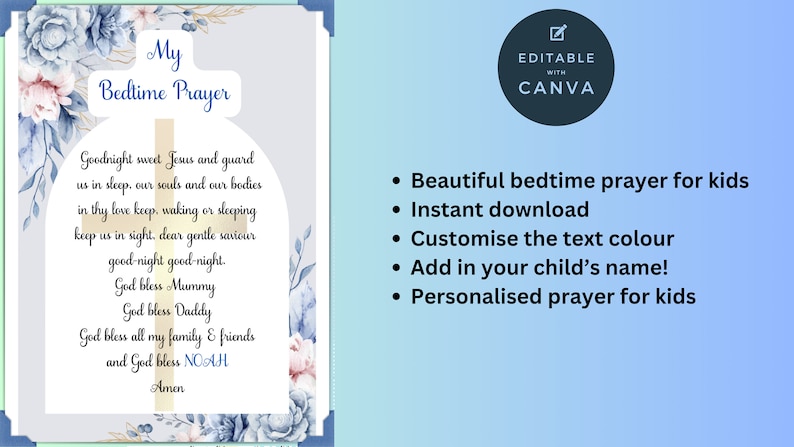 Bedtime Prayer Printable and Editable, Baptism Gift, Nursery Art ...