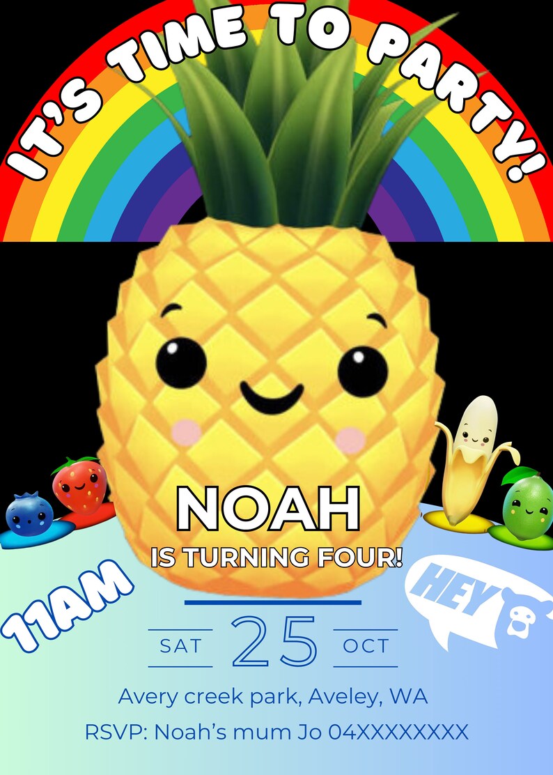 Hey Bear Sensory Birthday, Hey Bear Birthday Invitation, Dancing Fruit ...