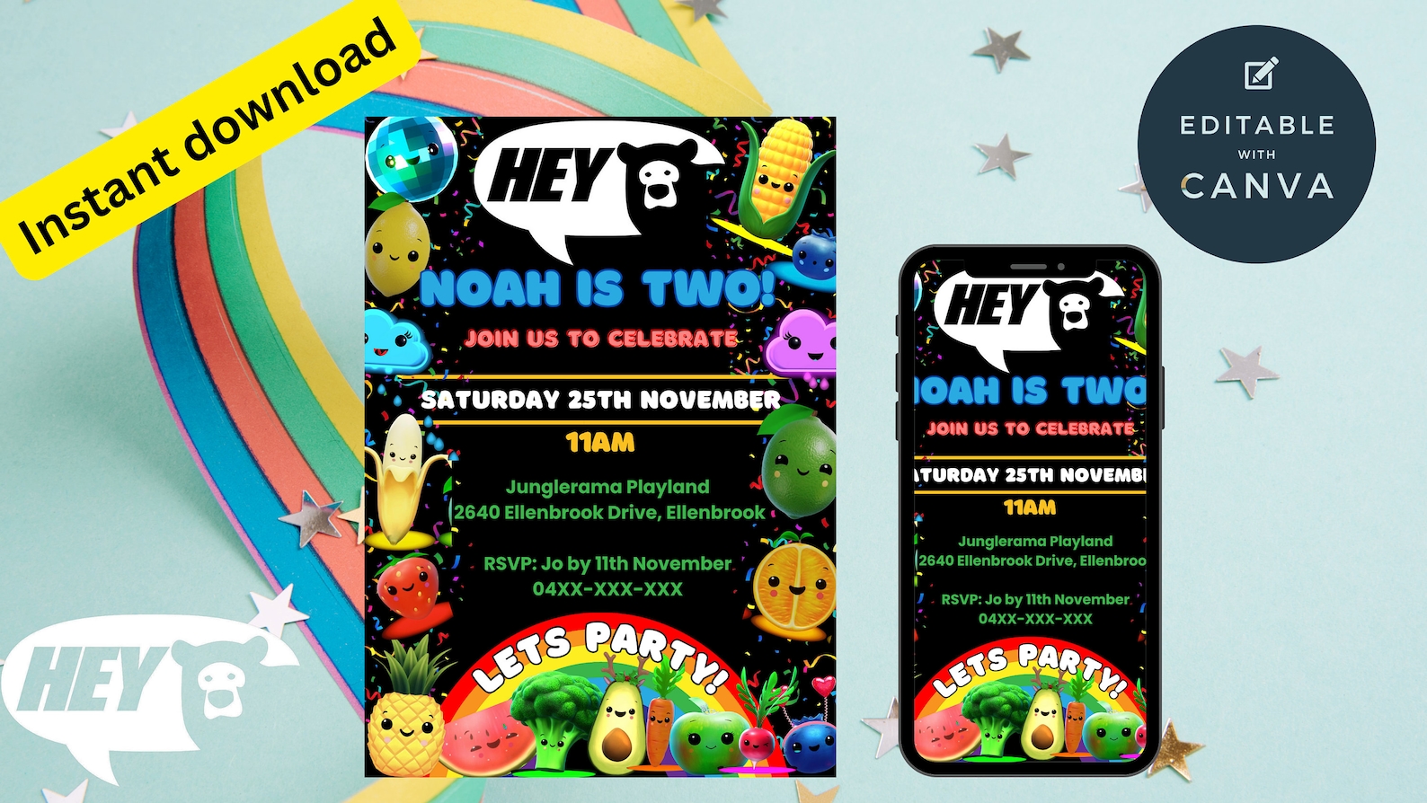 Hey Bear Sensory Birthday Invitation, Hey Bear Birthday, Dancing Fruit ...