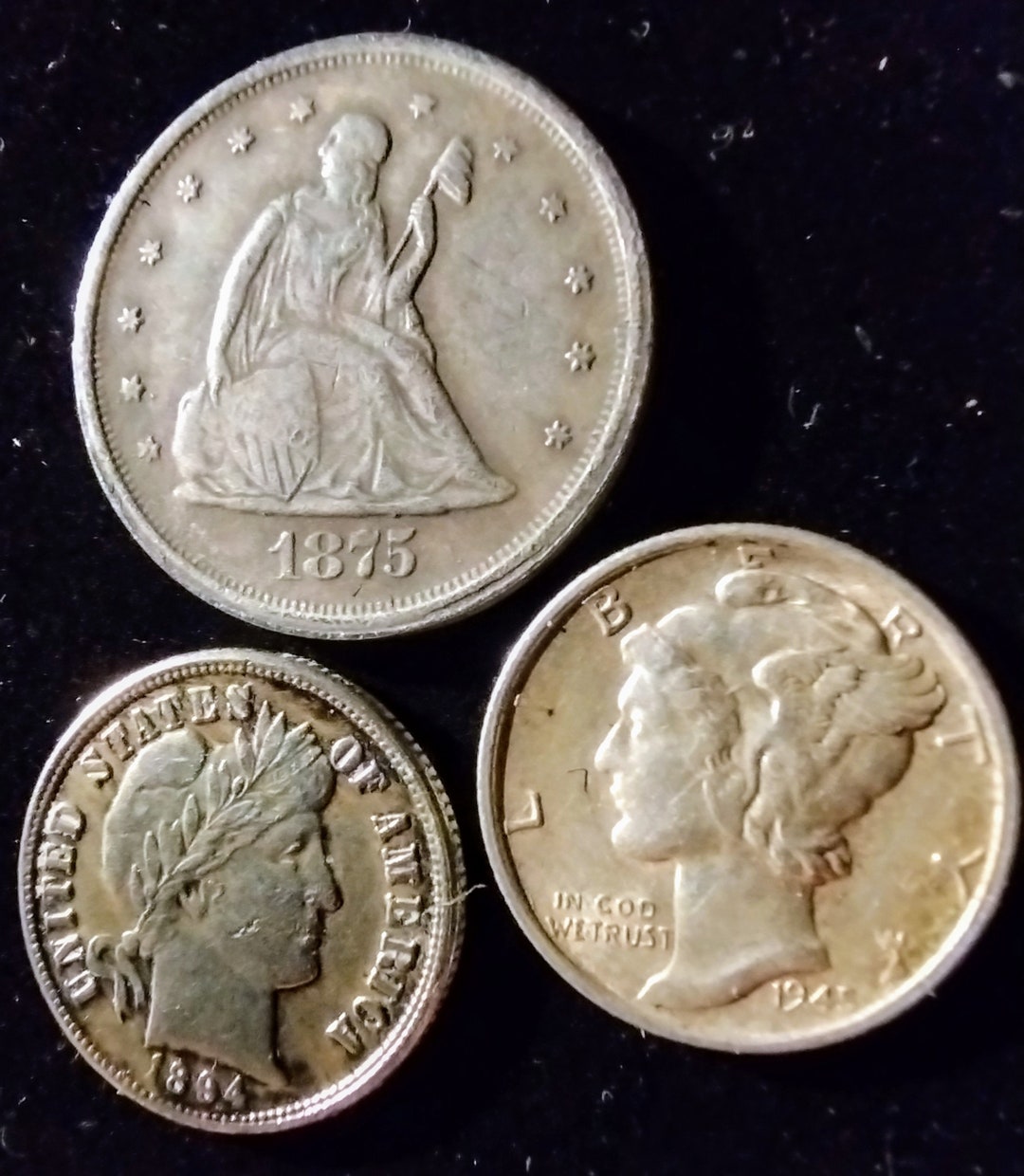 Grandpa's Old US Coin Collection 3 Coin Lot Seated Liberty 20c Piece and Barber Head Mercury ...