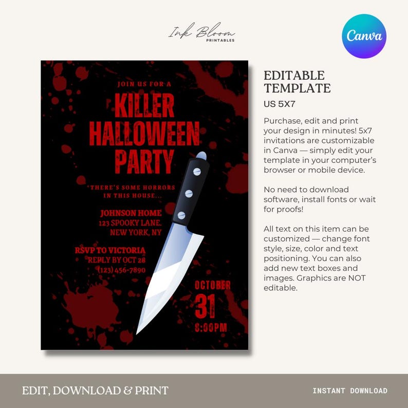 Killer Halloween Party Invitation Template, Slasher Horror Digital ...
