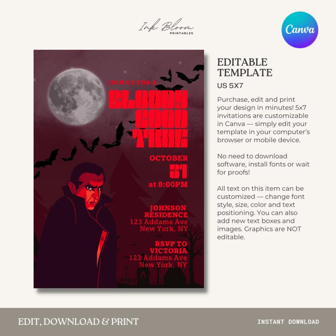 Vampire Halloween Party Invitation Template, Bloody Good Time Digital ...
