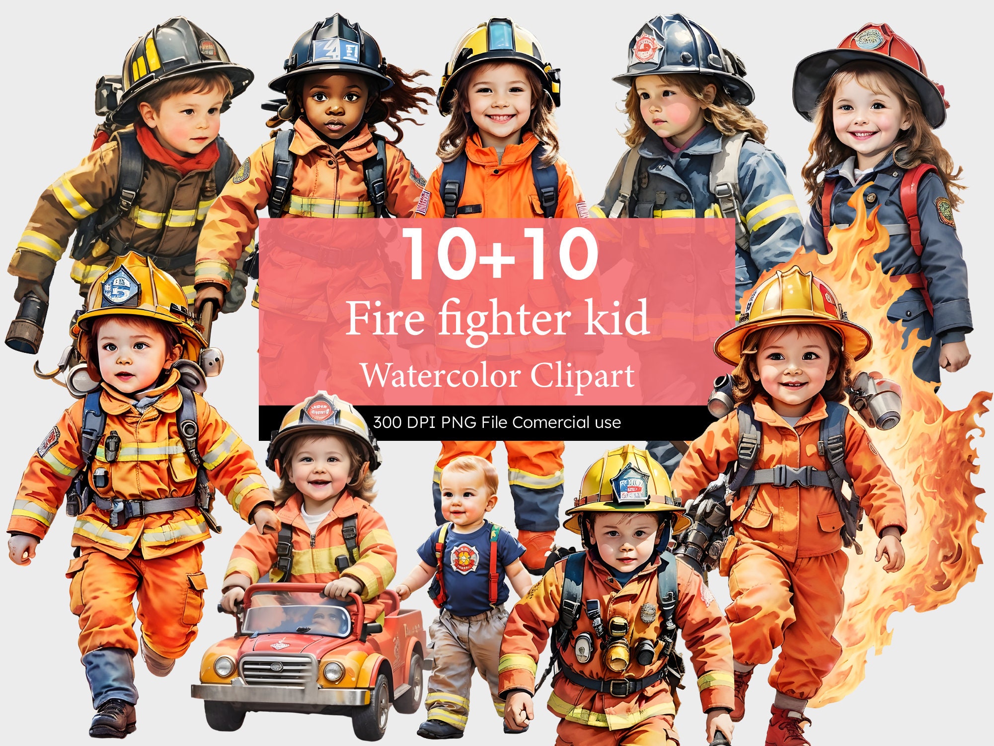 Fire Fighter Kid Watercolor Clipart, Fire Truck Clipart, Fire Fighter ...