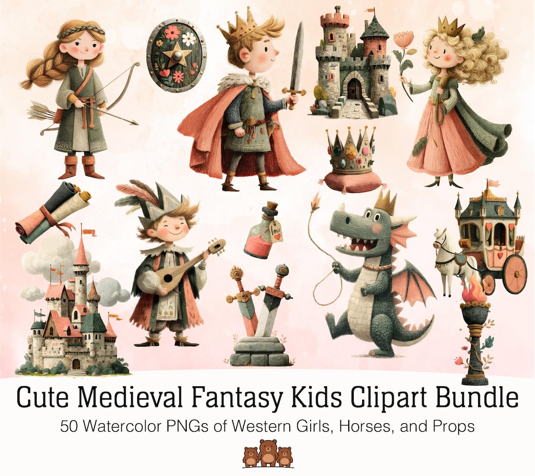 Cute Medieval Fantasy Kids Clipart Bundle – 50 Watercolor Pngs of ...