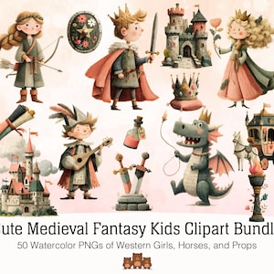 Cute Medieval Fantasy Kids Clipart Bundle – 50 Watercolor Pngs of ...