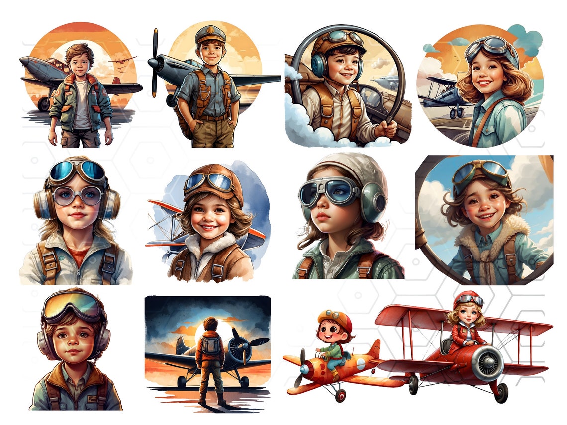 Aviator Kid, Pilot Kid With Plane Clipart, Watercolor Girl and Boy ...