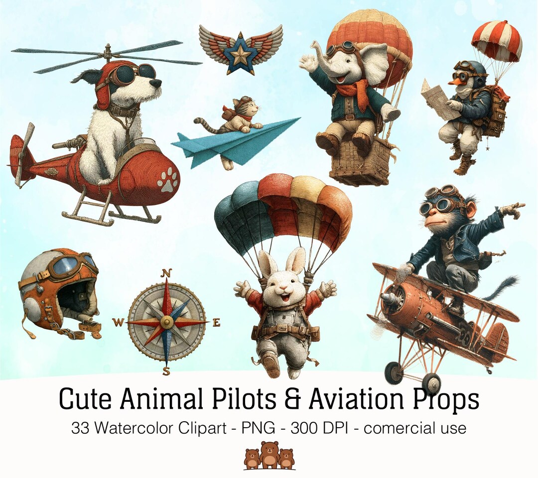 Watercolor Animal Pilot Clipart: Aviation Nursery Art (digital Download ...