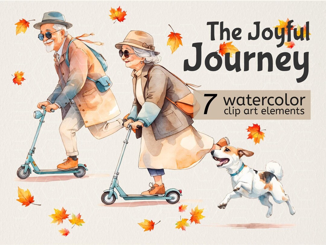 Senior Couple Scooters Clipart: Watercolor Illustration (commercial Use ...